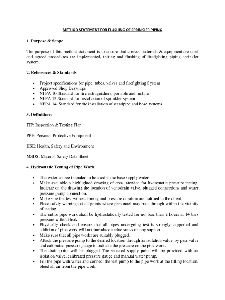 Method Statement For Flushing of Sprinkler Piping | PDF | Fire Sprinkler System | Leak