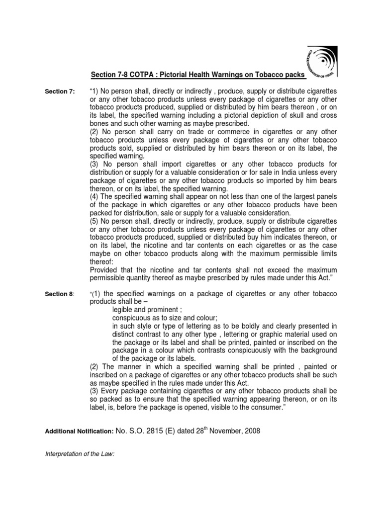 Section 7-8 COTPA: Pictorial Health Warnings on Tobacco packs