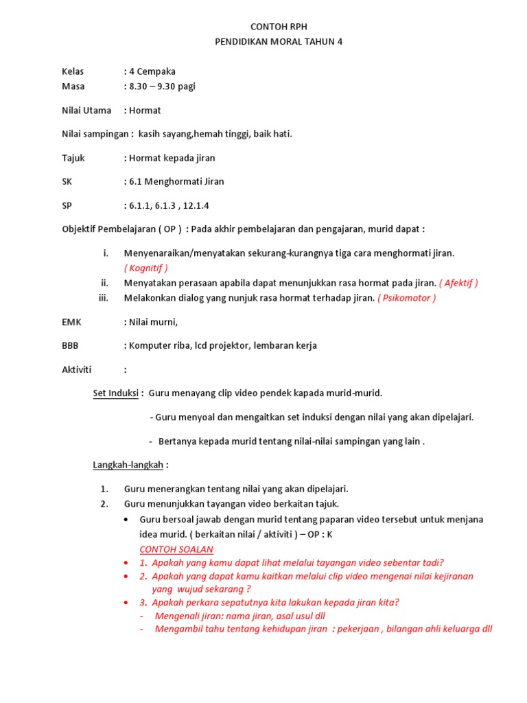 Draf RPH Moral Tahun 4 | PDF