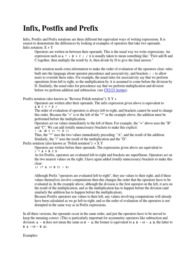 Infix, Postfix and Prefix: A (B + C) / D | PDF | Mathematical Notation ...