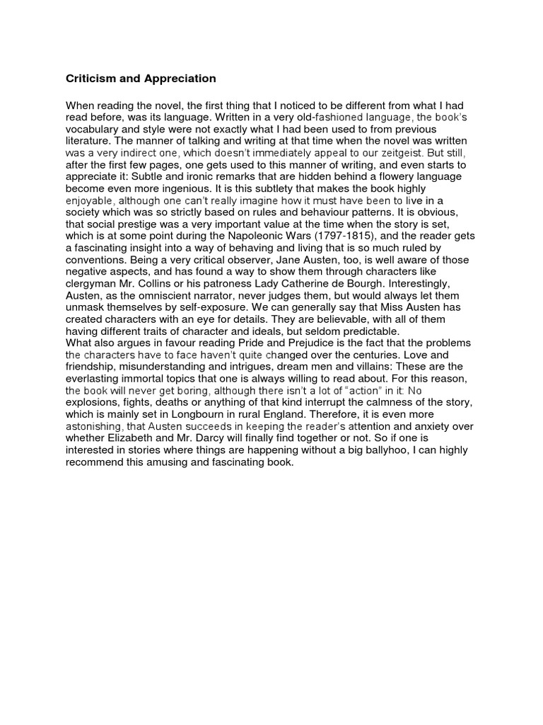 Criticism and Appreciation | PDF | Jane Austen | Pride And Prejudice