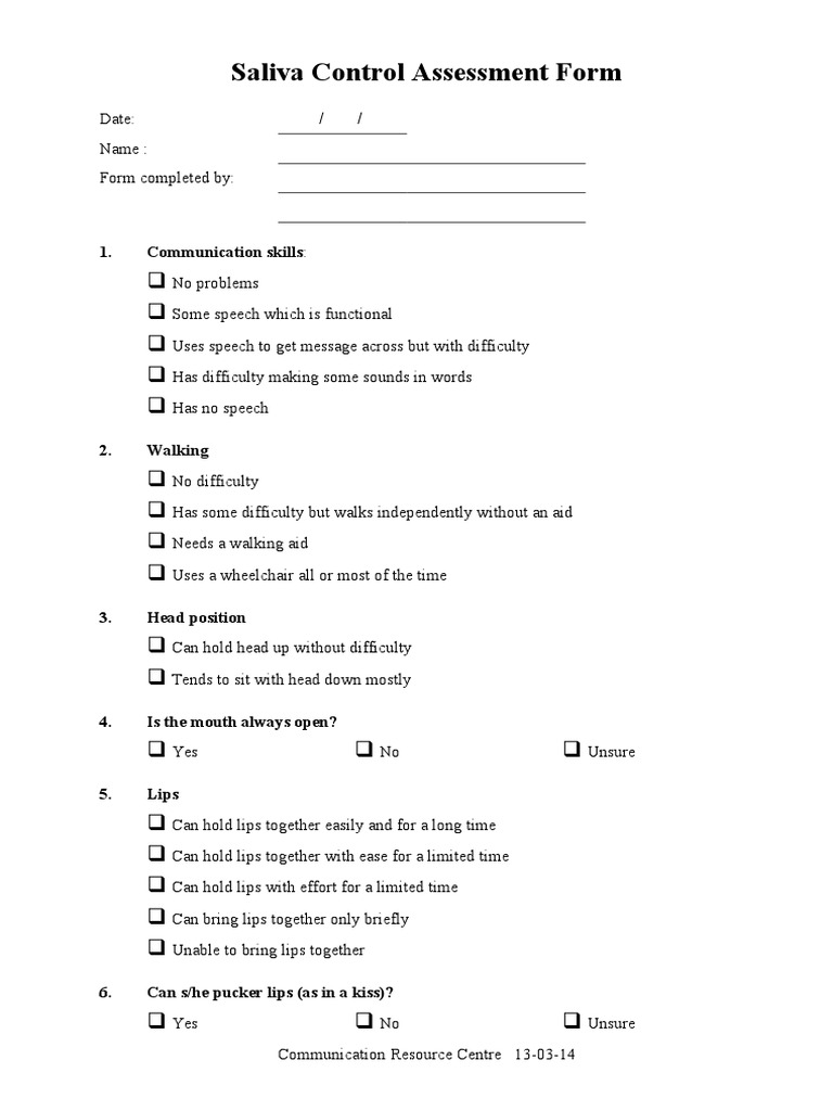 Saliva Control Assessment Form