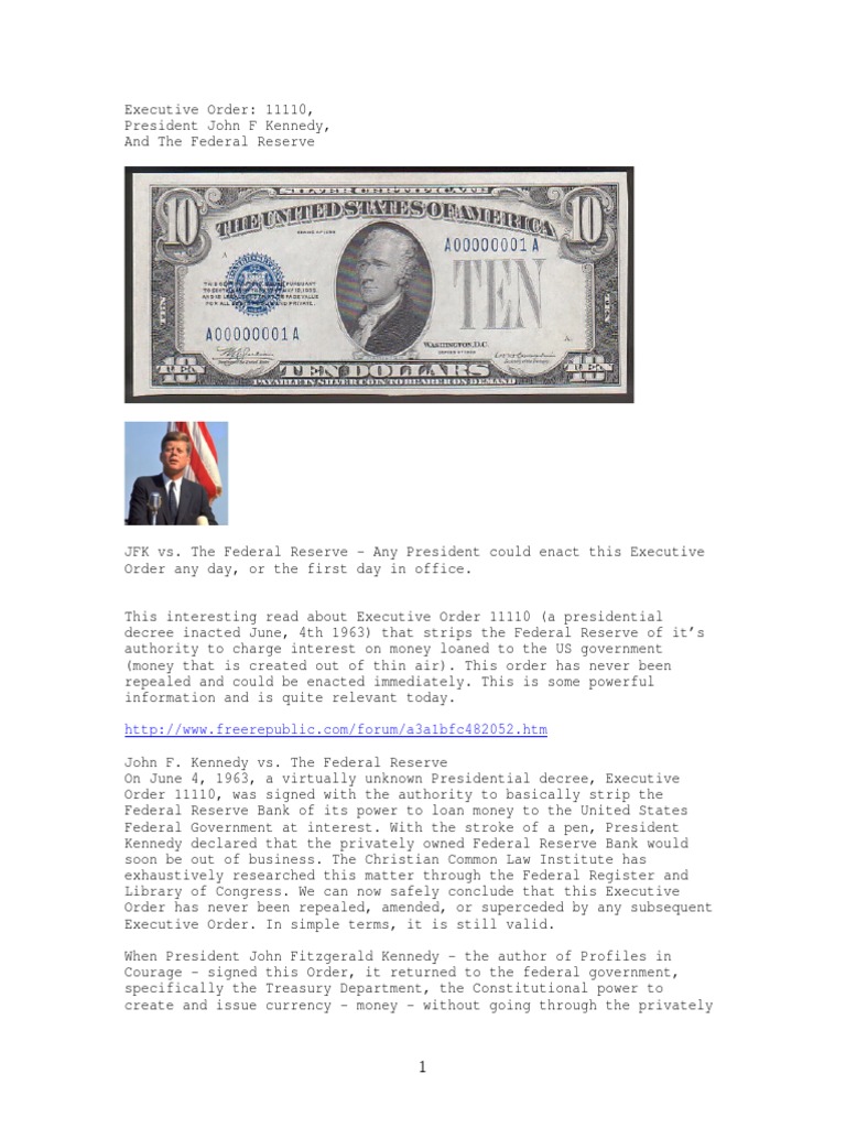 Executive Order - 11110 President John F Kennedy and The Federal ...