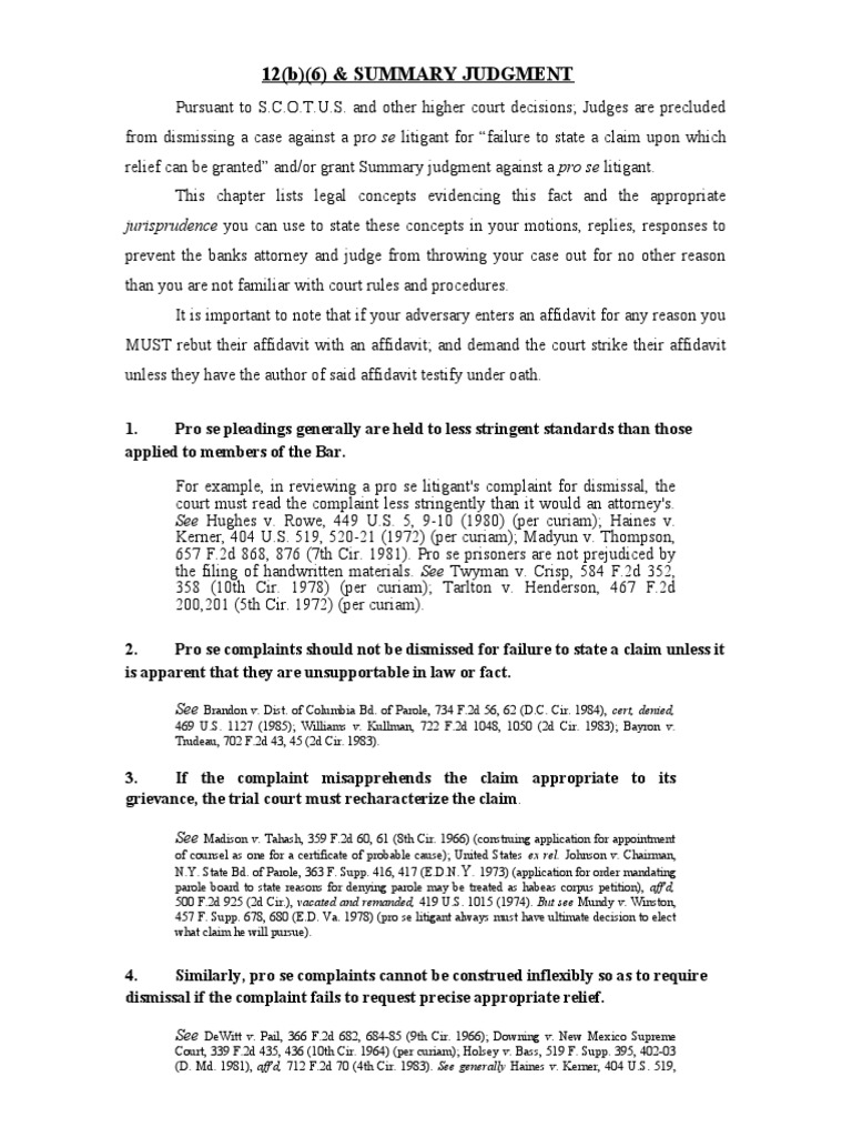 12b6 Cannot Be Used Against Pro Se | PDF | Pro Se Legal Representation ...
