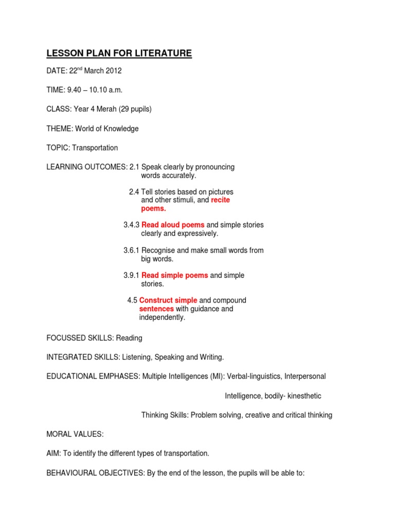 Year 4 Literature Lesson on Transportation | PDF | Word | Lesson Plan