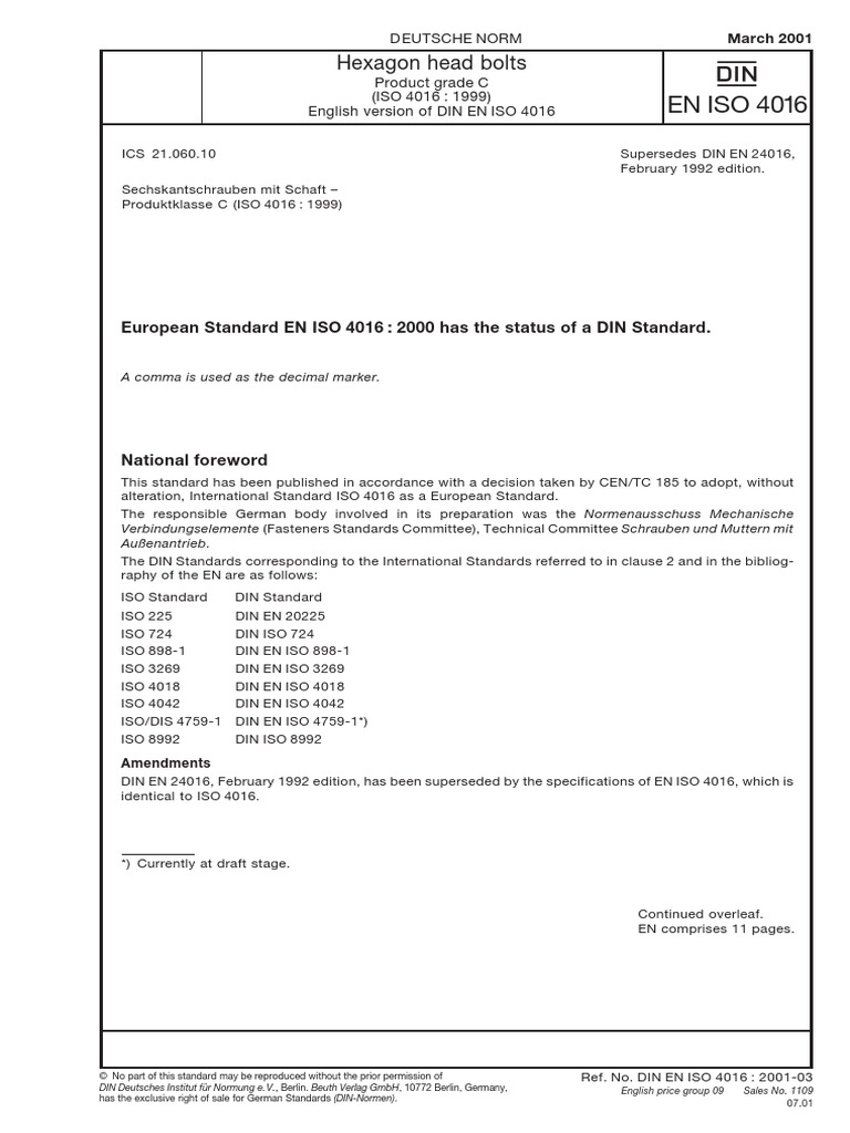 ISO 4016-2001 DIN en ISO 4016-2001 - Hexagon Head Bolts | PDF ...