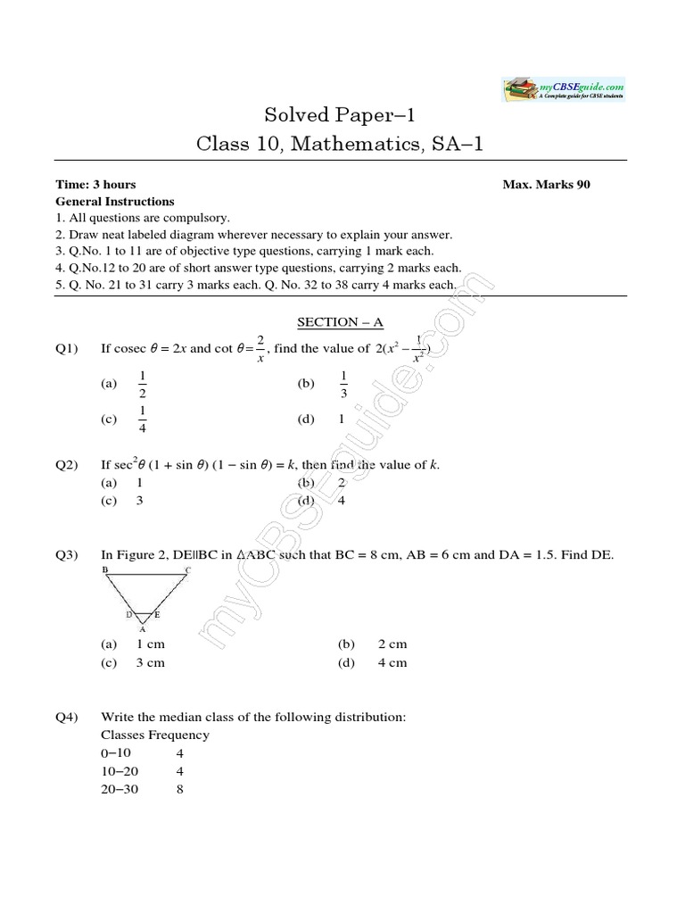 Class 10 Mathematics Solved Paper SA-1 | PDF | Triangle | Trigonometric ...