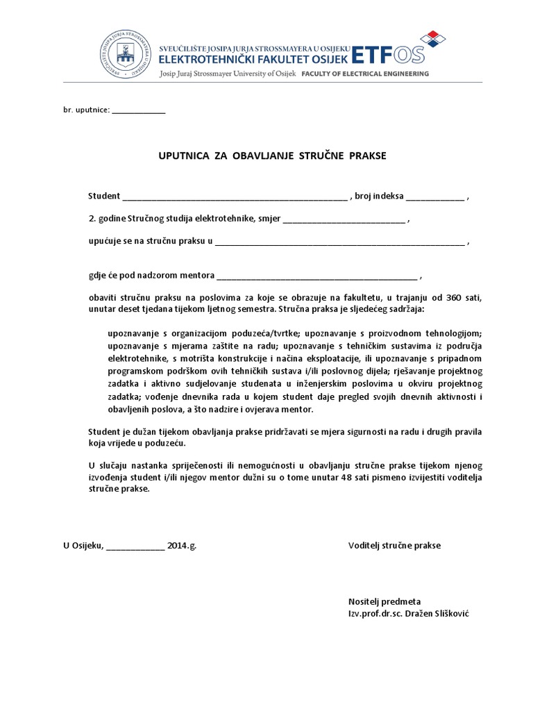 Uputnica Za Obavljanje Strucne Prakse1 | PDF