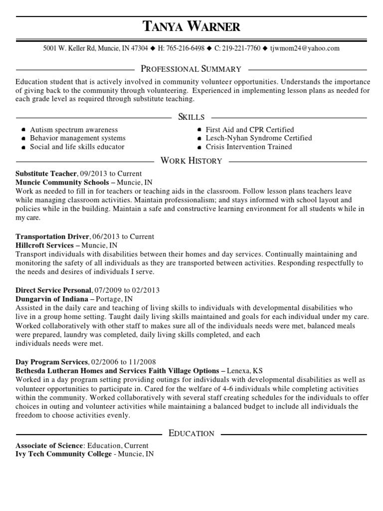 tanya warner resume 1 | Developmental Disabilities | Teachers
