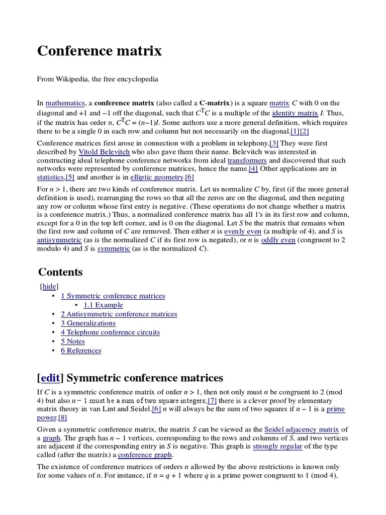 Conference Matrix | PDF | Discrete Mathematics | Matrix (Mathematics)
