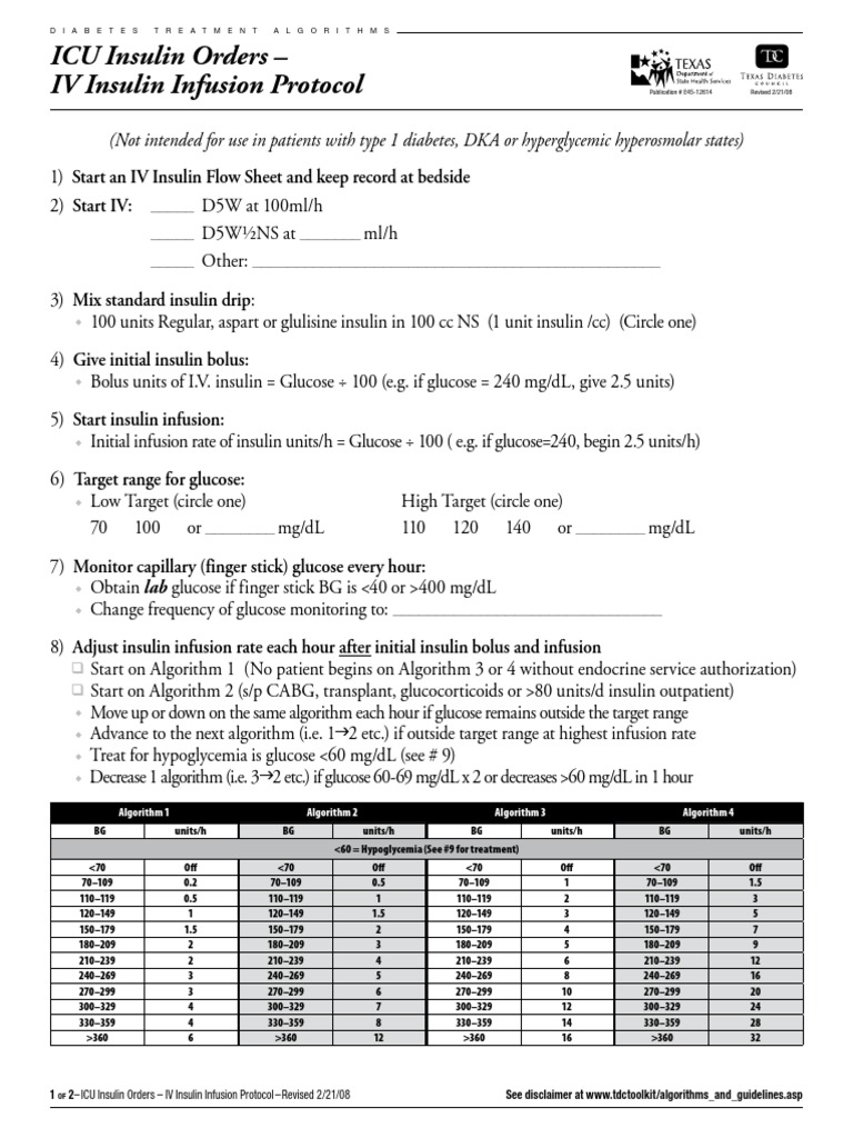 IV Insulin Infusion Protocol Texas | PDF | Hypoglycemia | Insulin