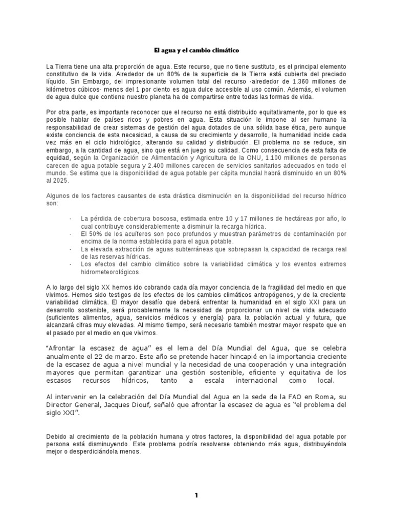 El Agua y El Cambio Climatico | PDF | Escasez de agua | Agua