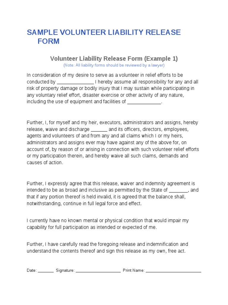 Volunteer Liability Release Form (Example 1) | PDF | Indemnity ...