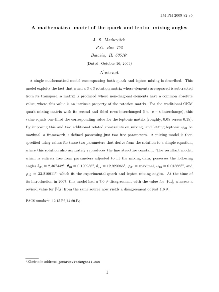 A Mathematical Model of The Quark and Lepton Mixing Angles - v5 | PDF ...