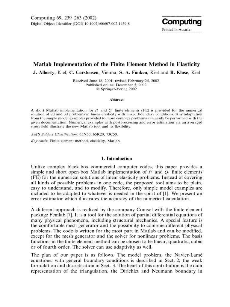 Alberty-Matlab Implementation of Fem in Elasticity | PDF | Finite Element Method | Numerical ...