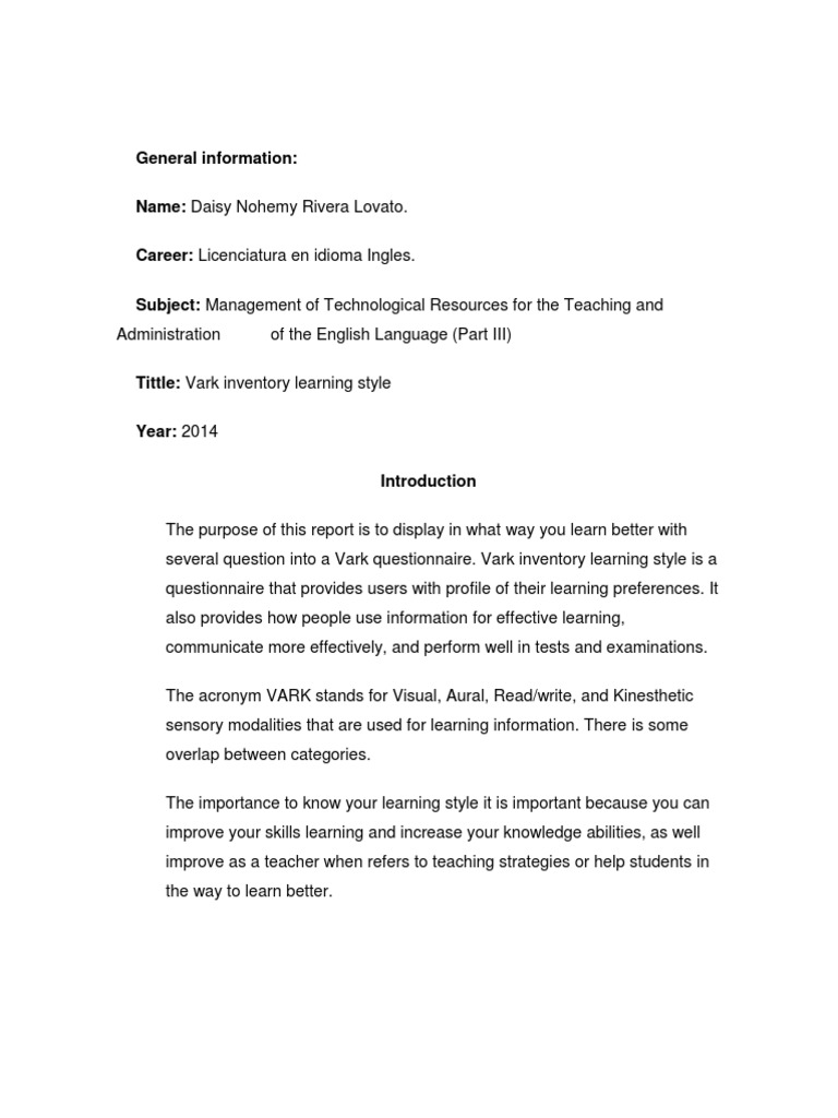 The VARK Questionnaire Report | PDF | Learning Styles | Test (Assessment)