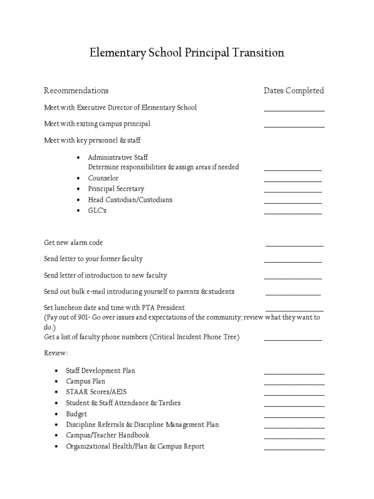Beginning of The Year Checklist For Principals | PDF | Teachers | Schools