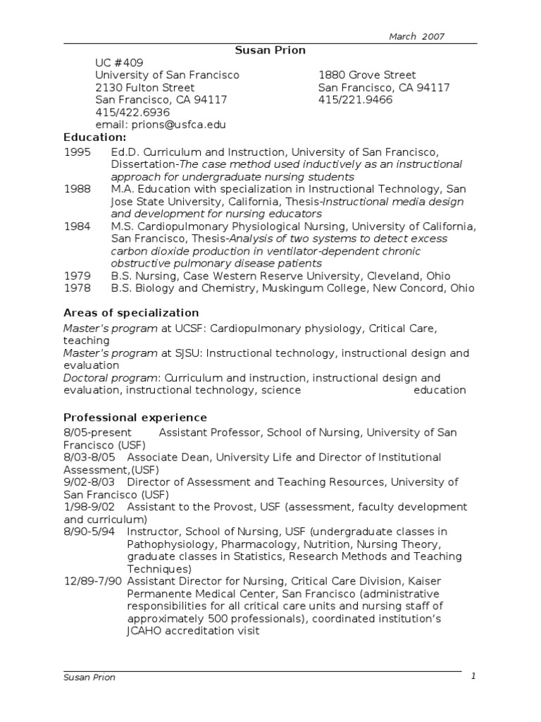 Prion, Susan CV 3-07 | Download Free PDF | University Of California | Nursing