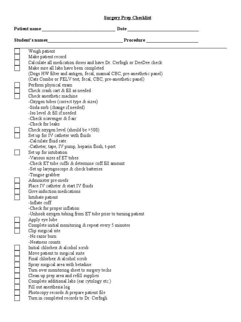 Veterinary Surgery Prep Checklist | PDF