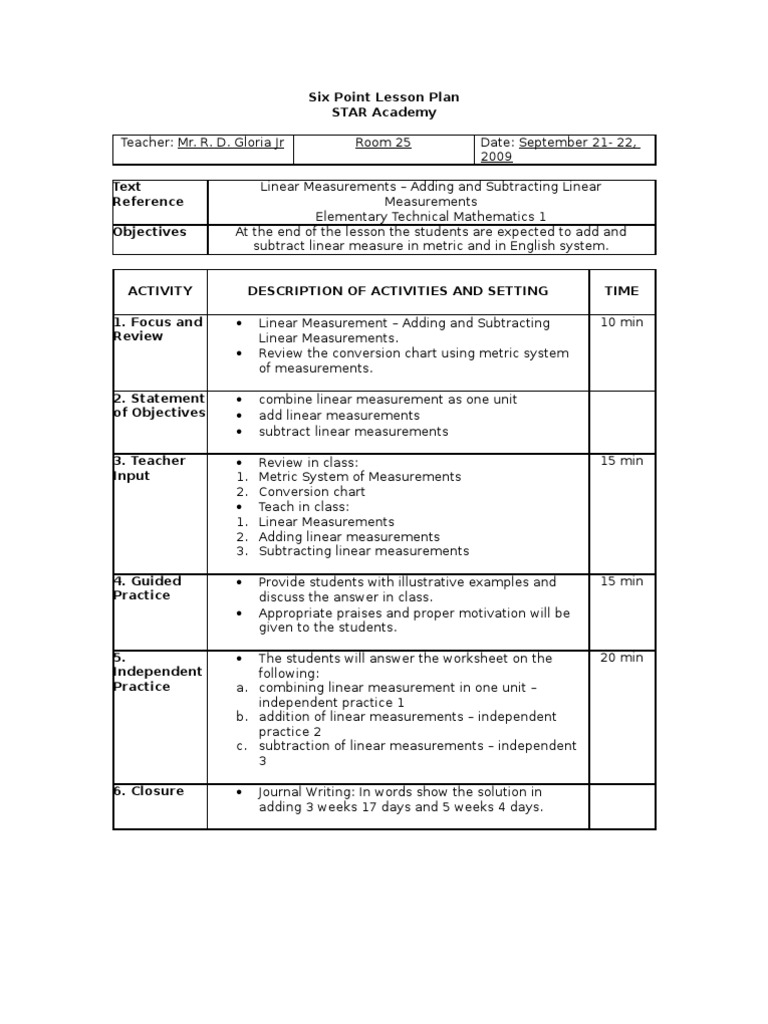 Linear Measurement Lesson Plan | PDF | Linearity | Lesson Plan