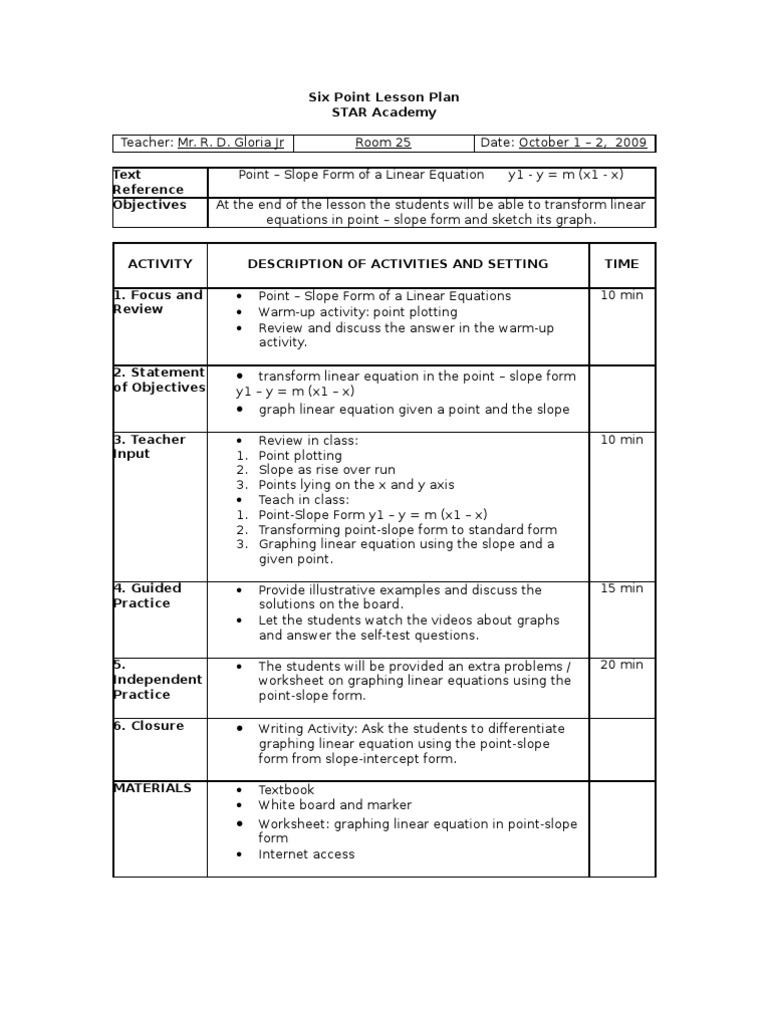 Six Point Lesson Plan STAR Academy Teacher: Mr. R. D. | PDF