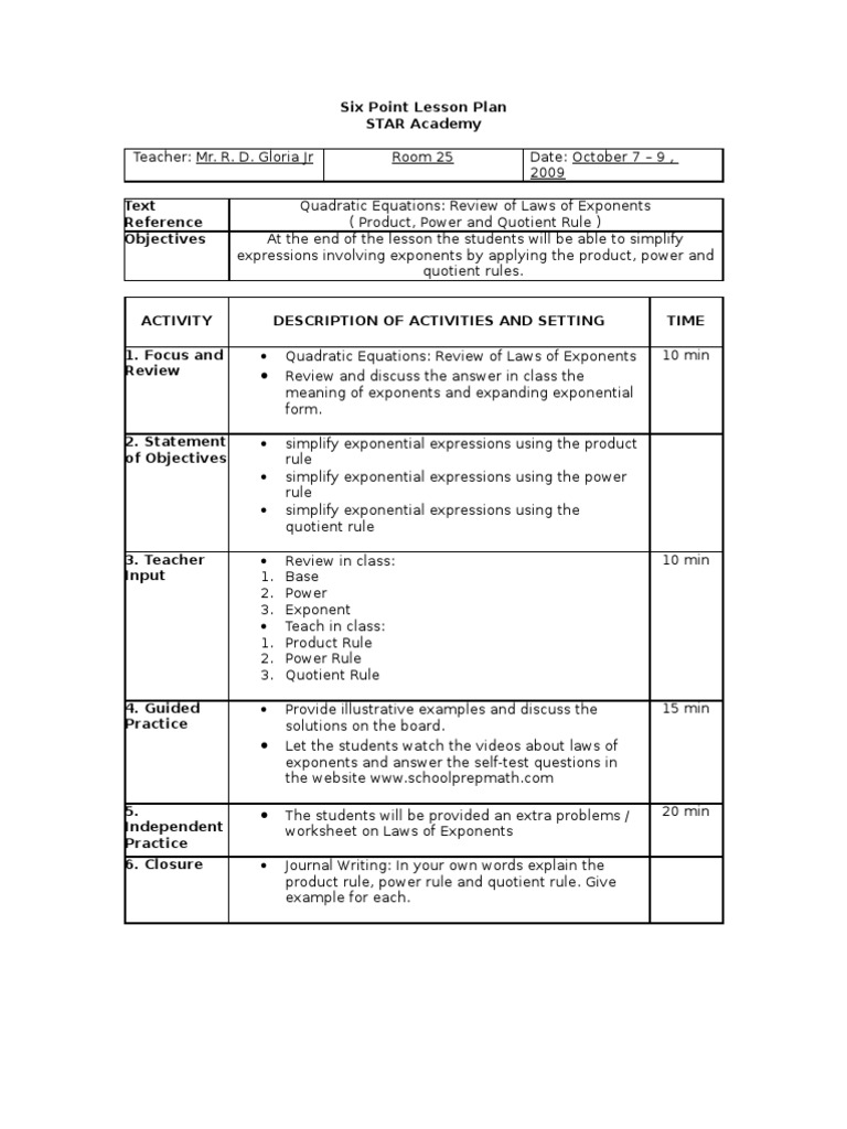 Six Point Lesson Plan STAR Academy Teacher: Mr. R. D. | PDF