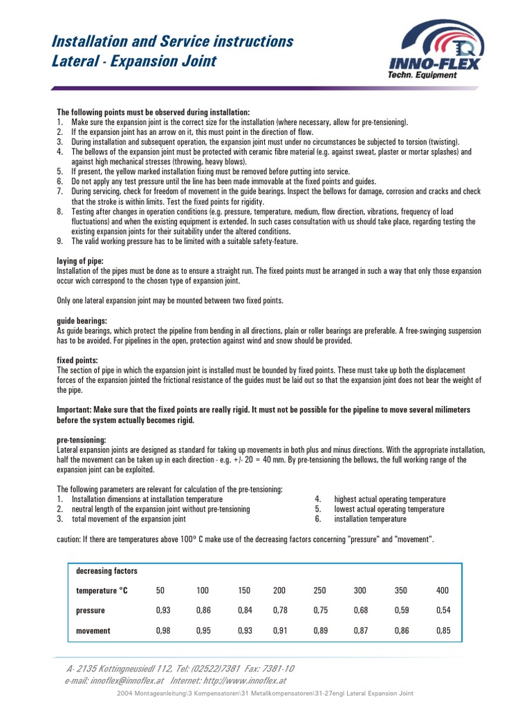 Installation and Service Instructions Lateral - Expansion Joint | PDF ...
