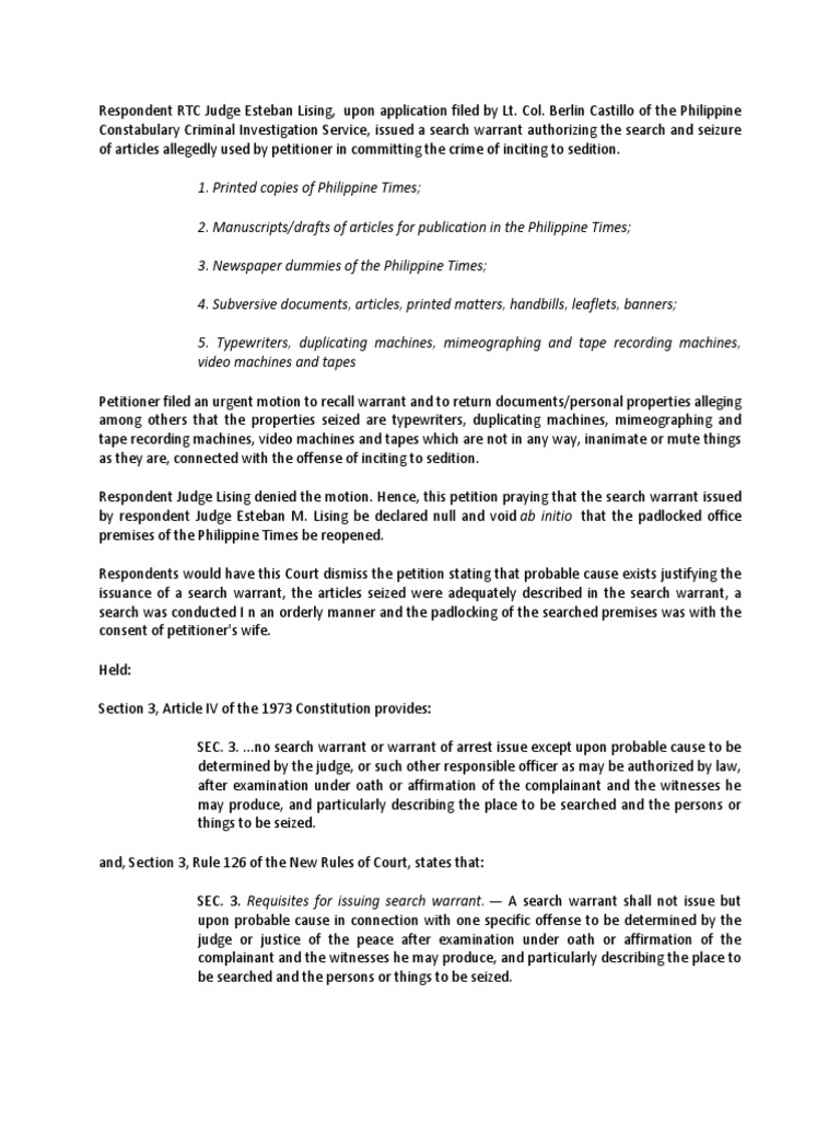 Corro Vs Lising (Probable Cause) | PDF | Search And Seizure | Search Warrant