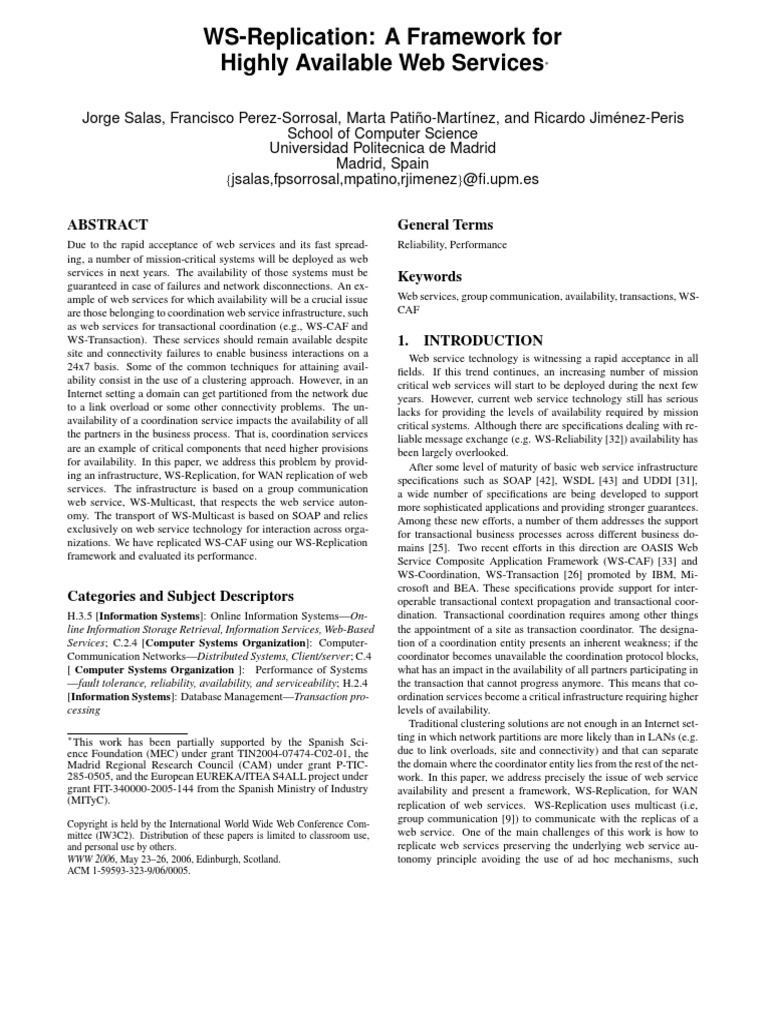 WS-Replication: A Framework For Highly Available Web Services | PDF | Replication (Computing ...