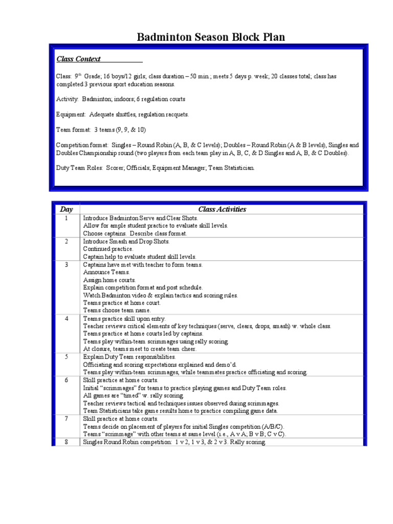 Se Badminton Block Plan-1 | PDF | Racquet Sports | Summer Sports