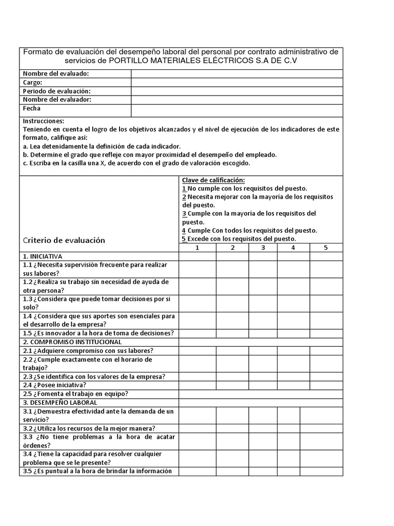 Formato de Evaluación Del Desempeño Laboral | Descargar gratis PDF | Evaluación de desempeño ...
