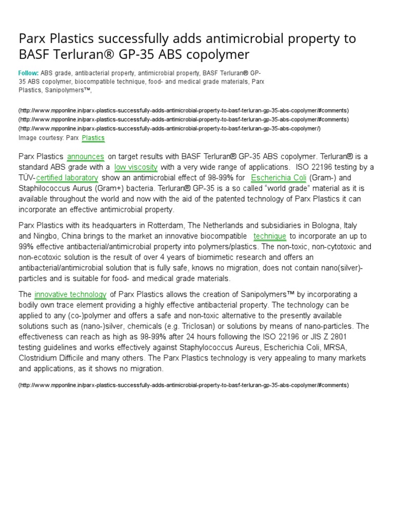 Parx Plastics Successfully Adds Antimicrobial Property To BASF Terluran ...