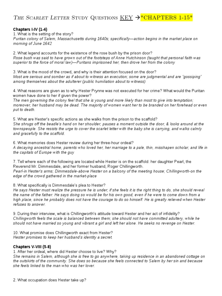 Scarlet Letter Study Questions (Ch 1-15) | PDF | The Scarlet Letter ...
