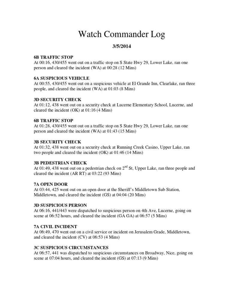 Lake County Watch Commander Log | PDF | Land Transport | Transport