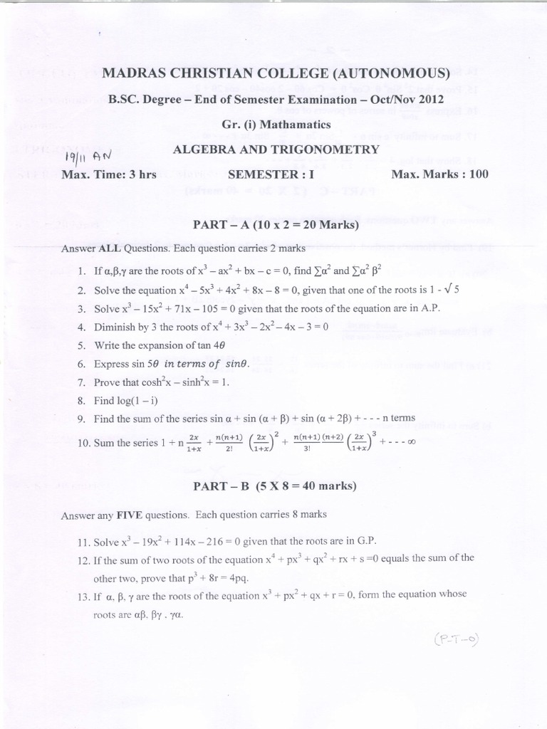 Madras Christian College, UG Maths Question Papers | Ring (Mathematics ...