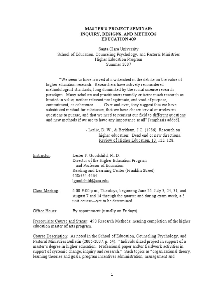 Master'S Project Seminar: Inquiry, Designs, and Methods Education 409 ...