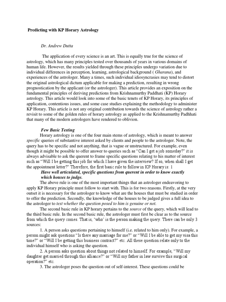 KP Horary Astrology: Principles & Predictions | PDF | Astrology ...