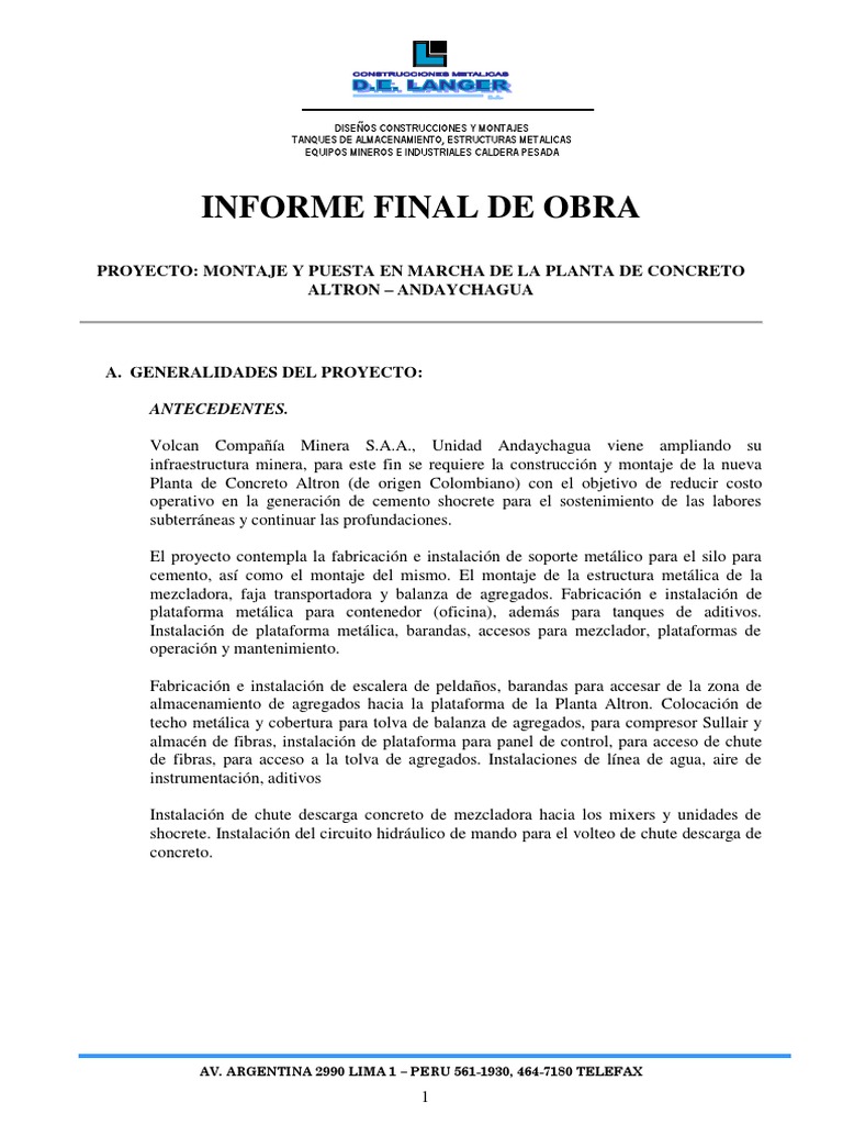 1.- Informe Final de Obra - PCA | Hormigón | Tubería (transporte de fluidos)