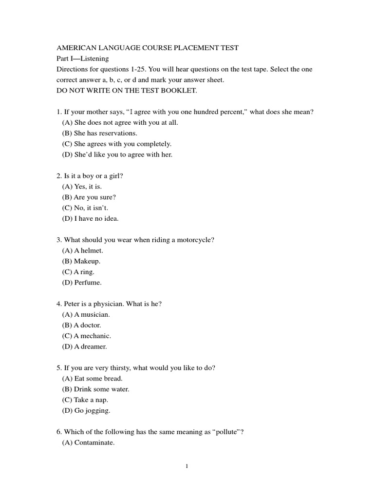 American Language Course Placement Test | PDF