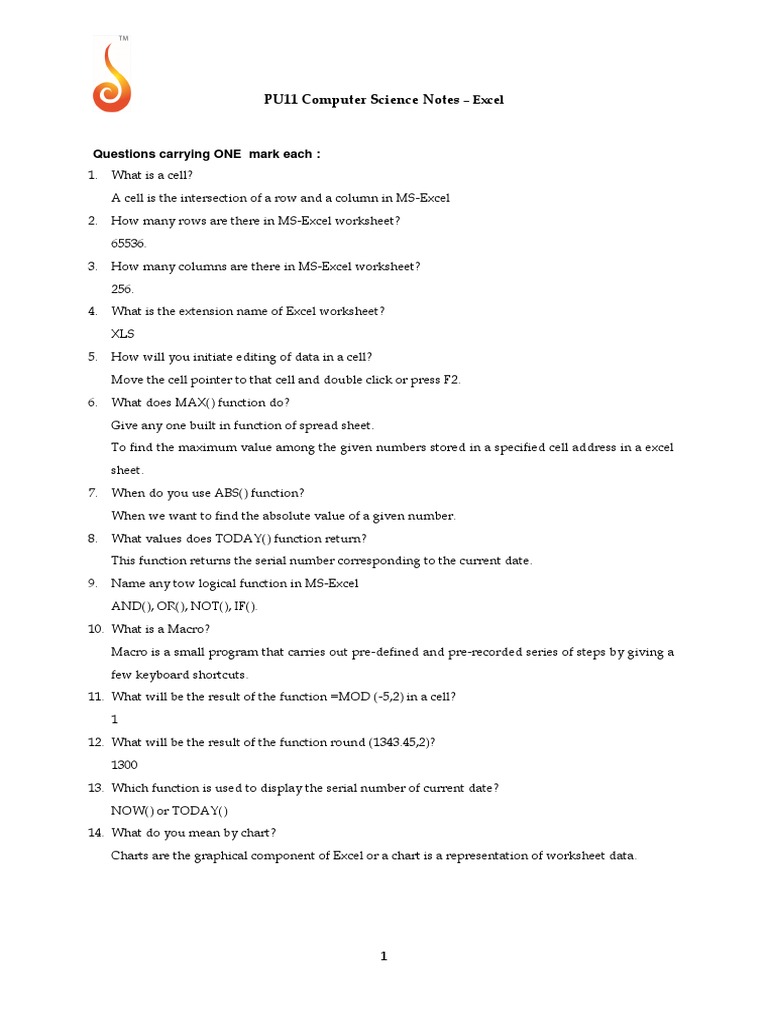 PU11 Computer Science Notes - Excel | PDF | Microsoft Excel | Spreadsheet