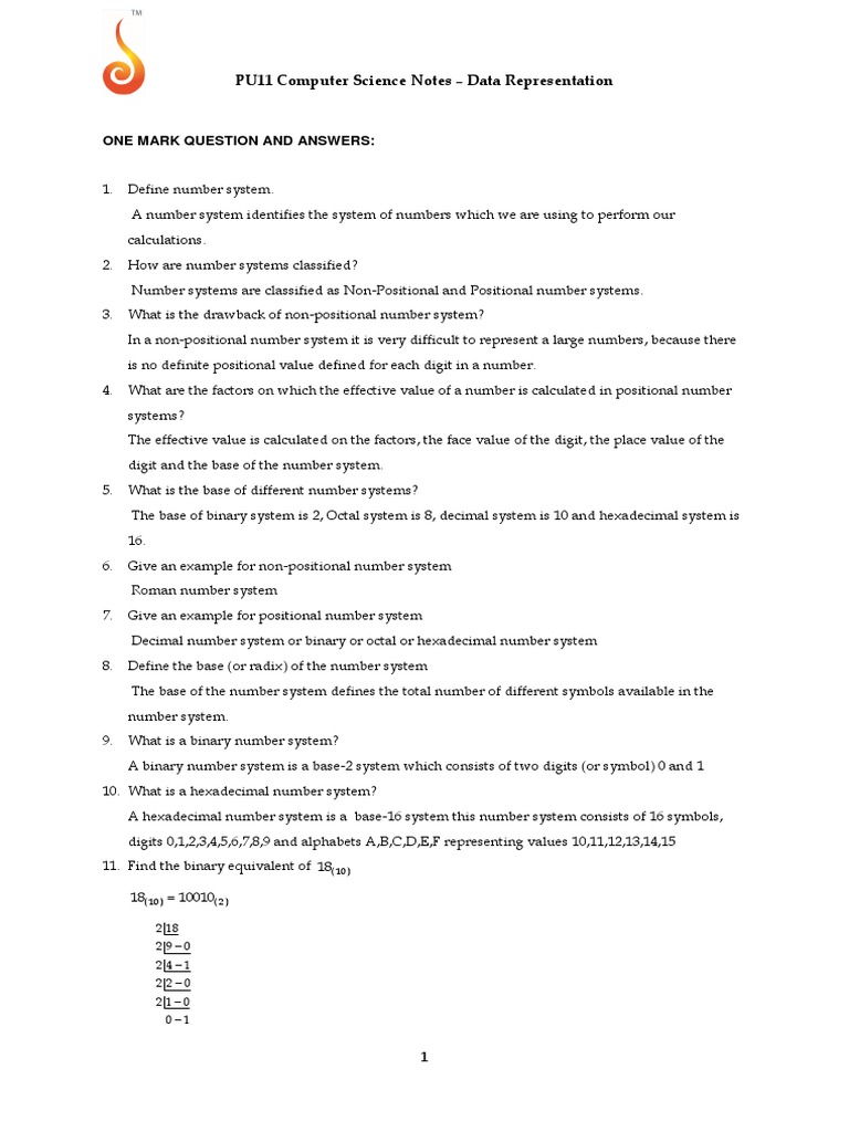 Pu11 Computer Science Notes Data Representation Pdf Subtraction Binary Coded Decimal