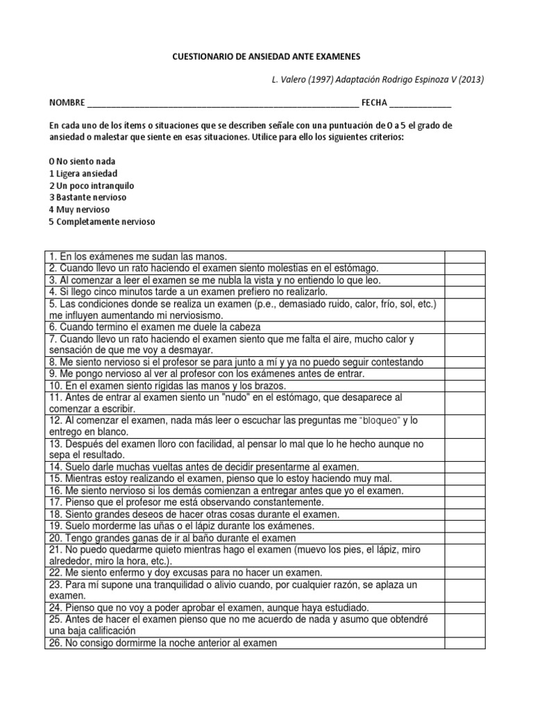 Cuestionario de Ansiedad Ante Examenes | Ansiedad | Psicología