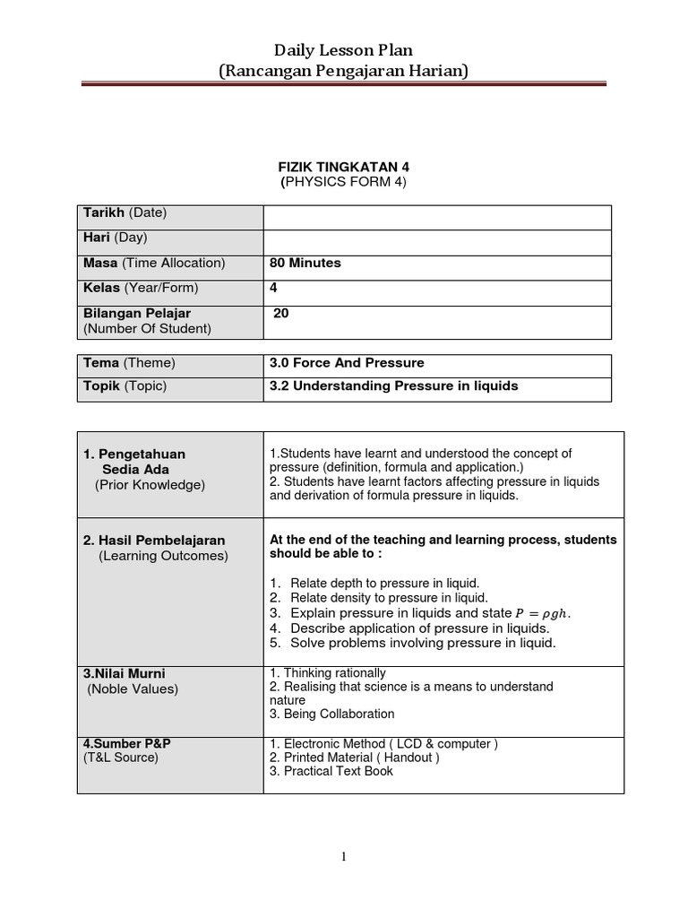 Factors Affecting Liquid Pressure | PDF | Lesson Plan | Pressure ...