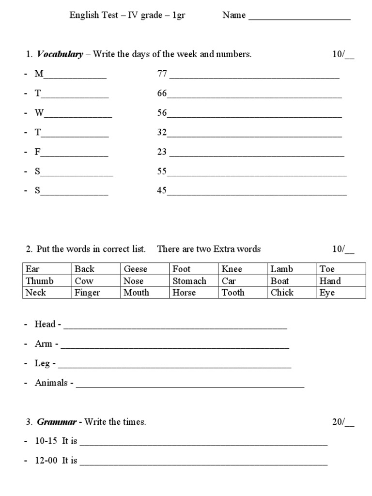 English Grade 4 Test - 1st Document | PDF