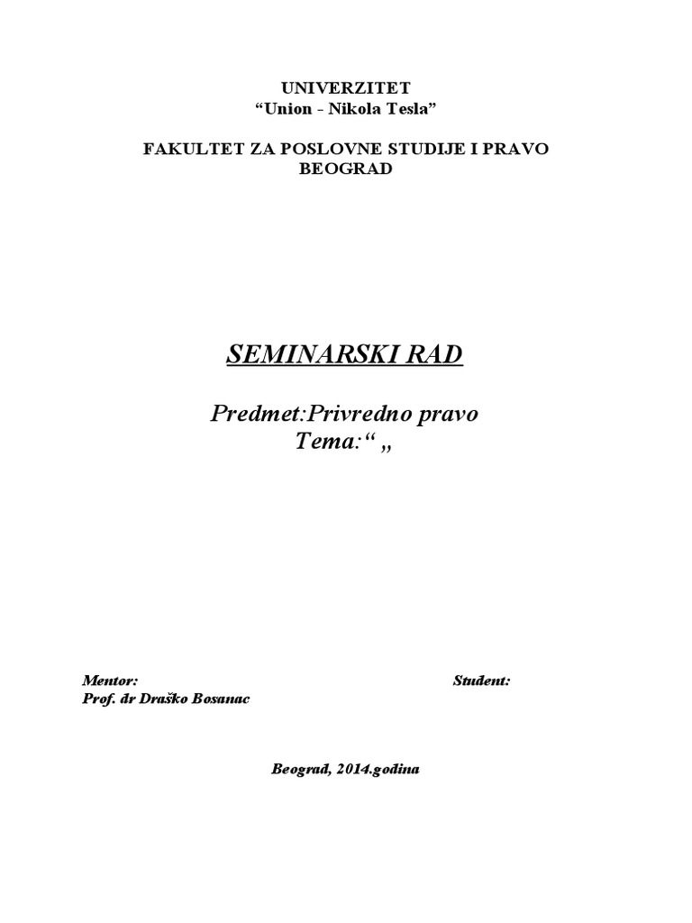 Naslovna Stranica Za Izradu Seminarskog Rada - FPSP | PDF
