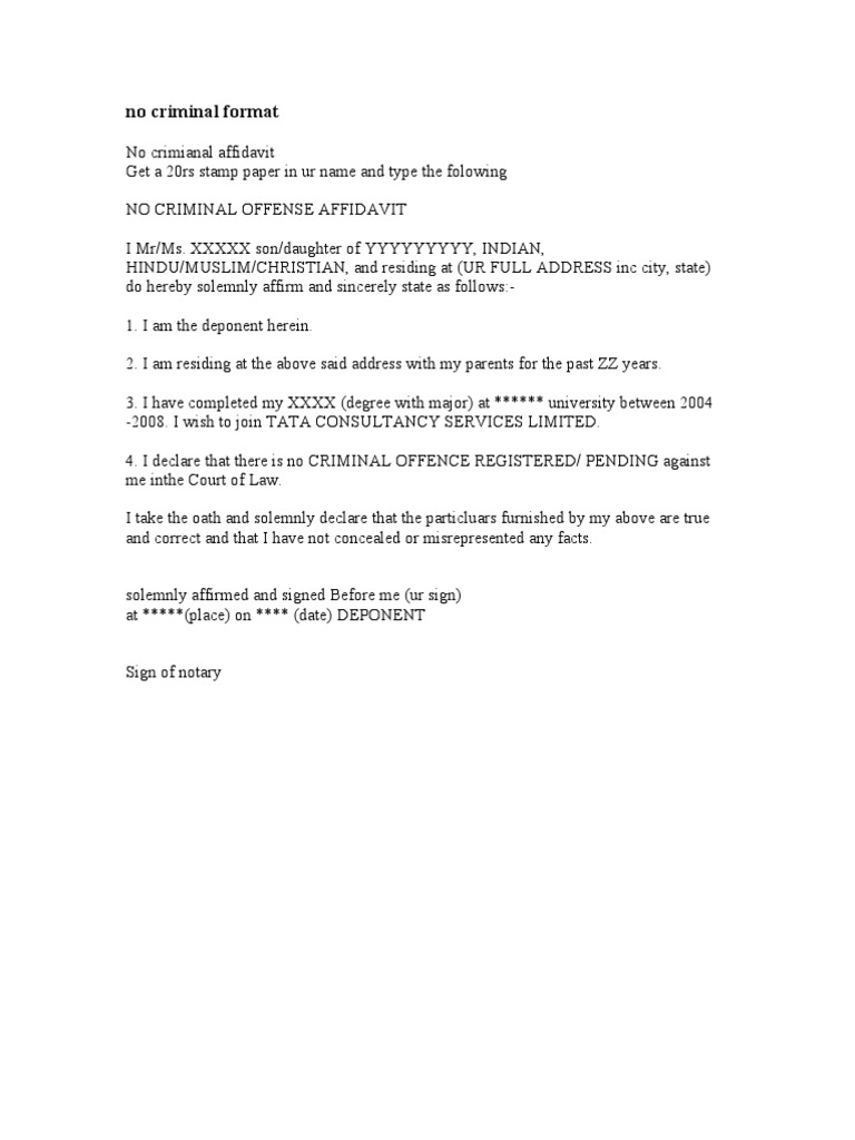 No Criminal Format | PDF | Affidavit | Notary Public