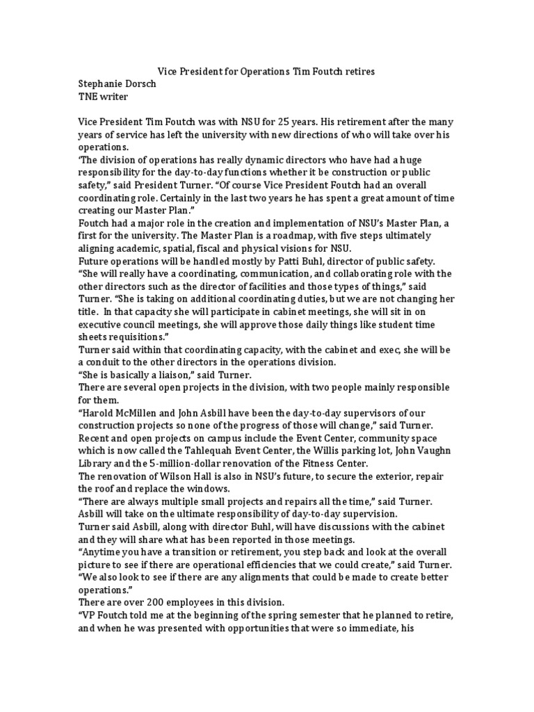 Vice President For Operations Tim Foutch Retires | Download Free PDF ...