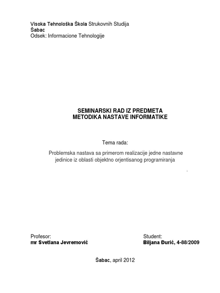 Problemska Nastava Sa Primerom Realizacije Jedne Nastavne Jedinice Iz Oblasti Objektno ...