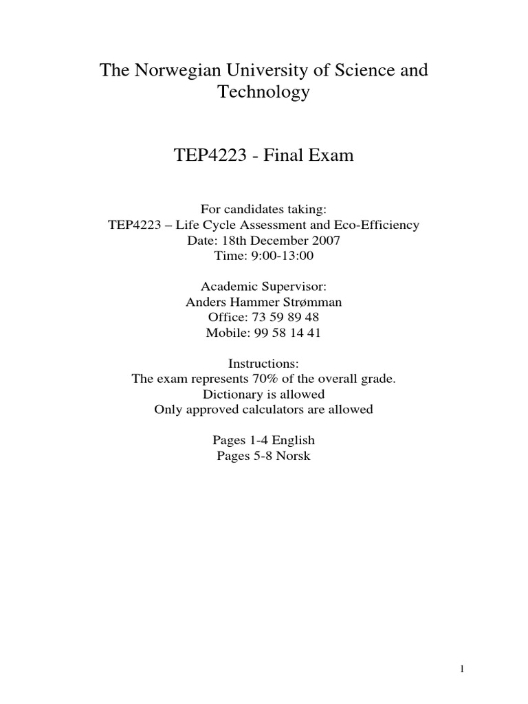 TEP 4223 Exams | PDF | Life Cycle Assessment | Matrix (Mathematics)