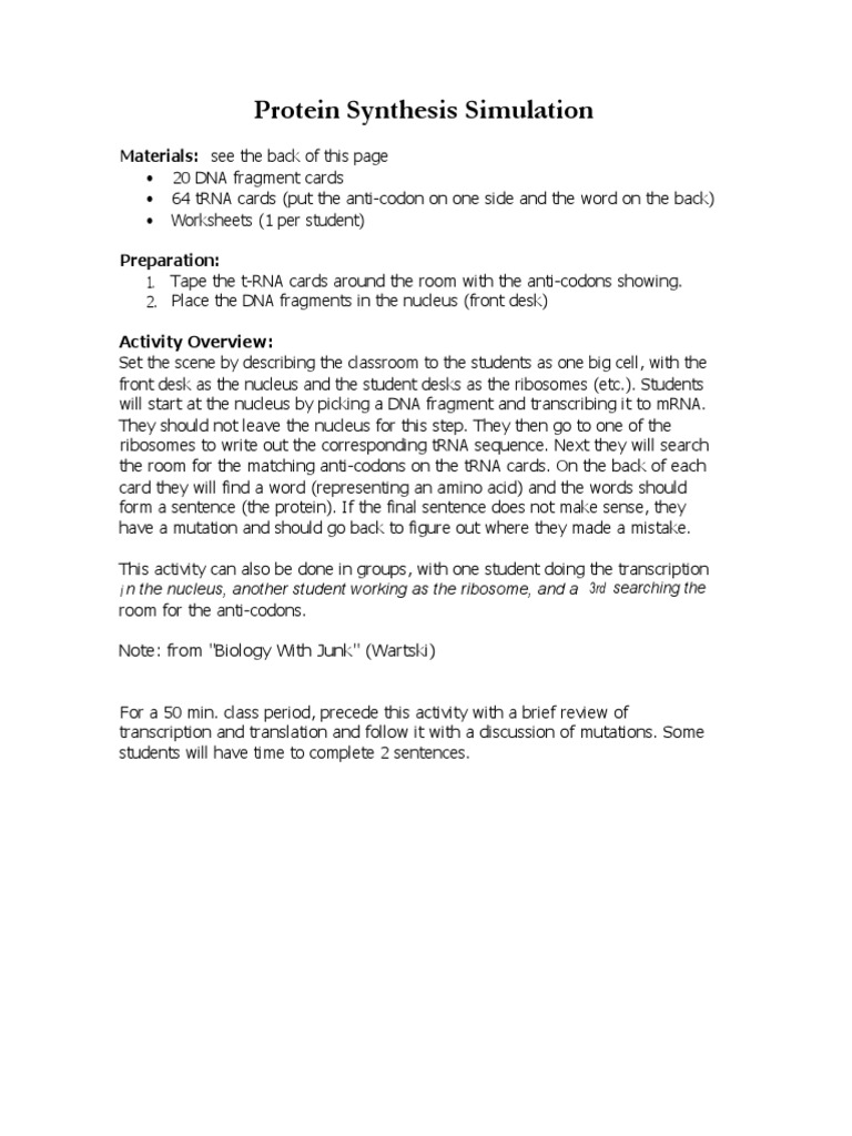 DNA Protein Synthesis Simulation in the Classroom | PDF | Translation ...